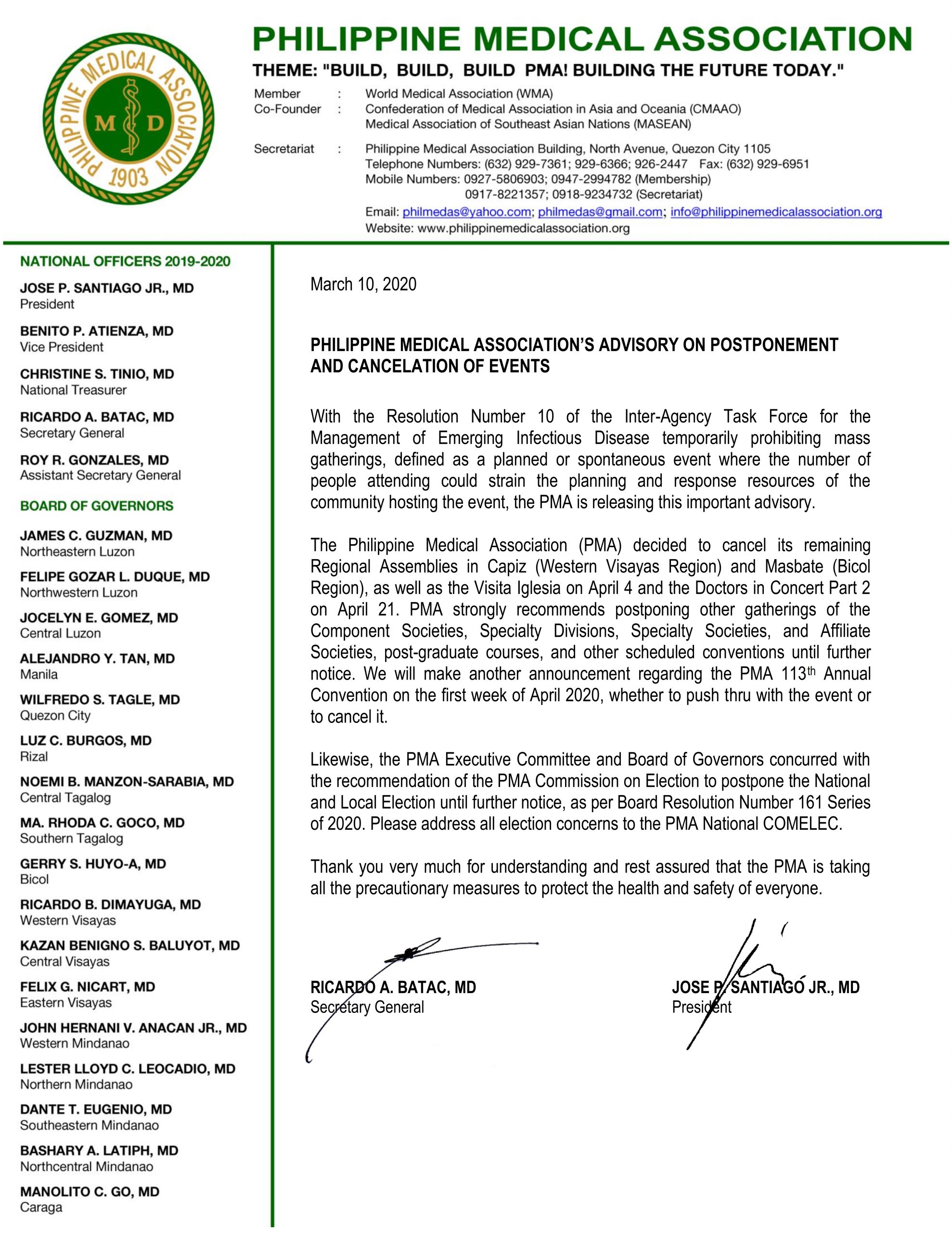 PMA s Advisory On Postponement And Cancelation Of Events Philippine