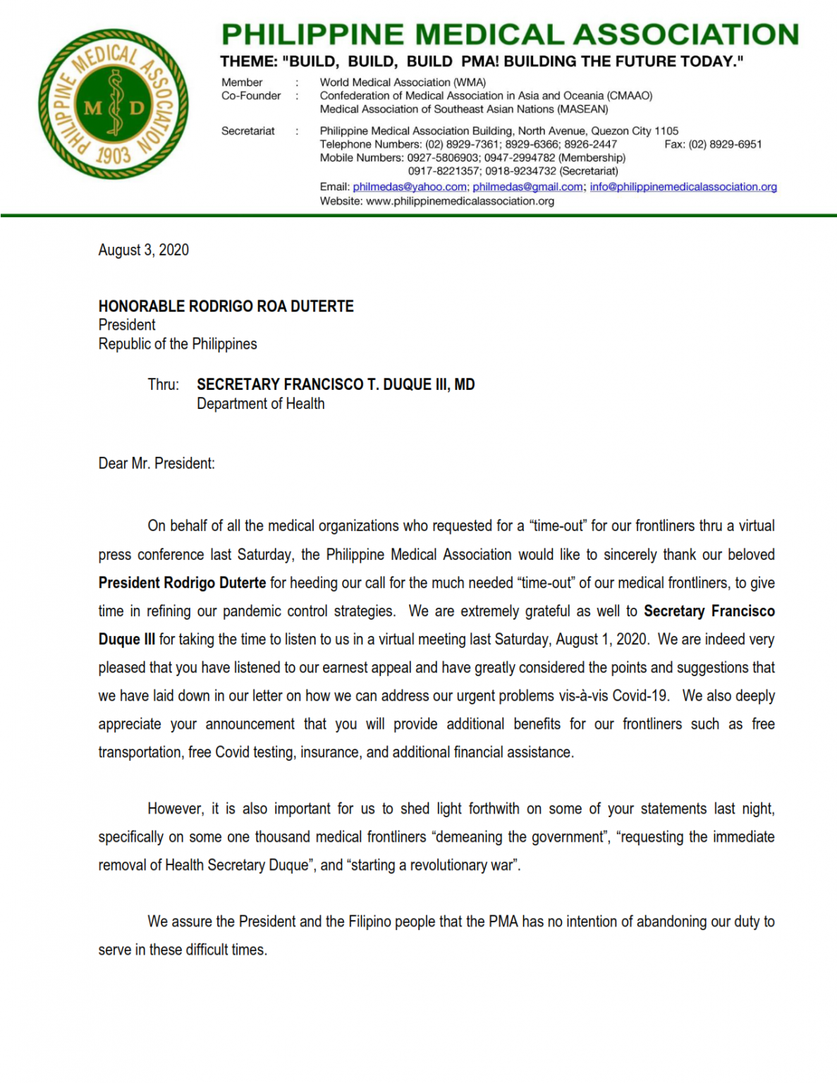 PMA’s Response to the Message of President Rodrigo Roa Duterte ...