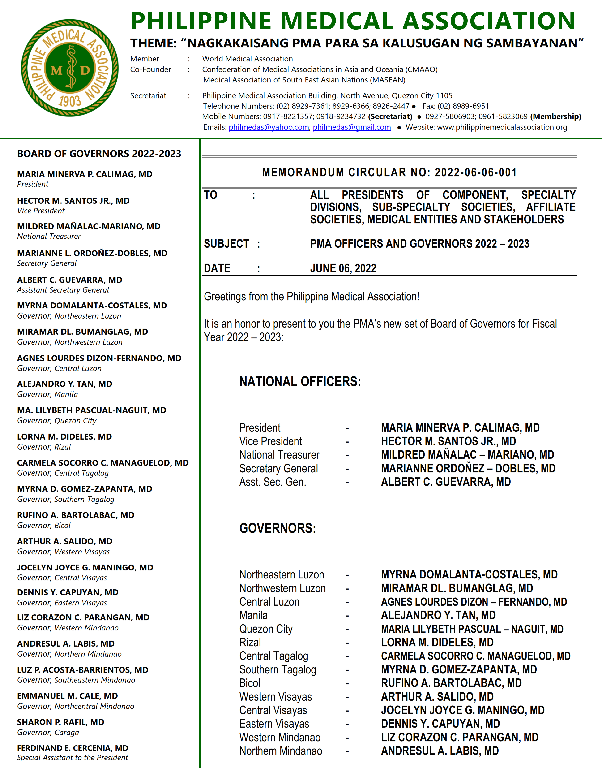 Memorandum Circular No.: 2022-06-06-001: PMA Officers and Governors ... Memorandum Circular No.: 2022-06-06-001: PMA Officers and Governors ...
