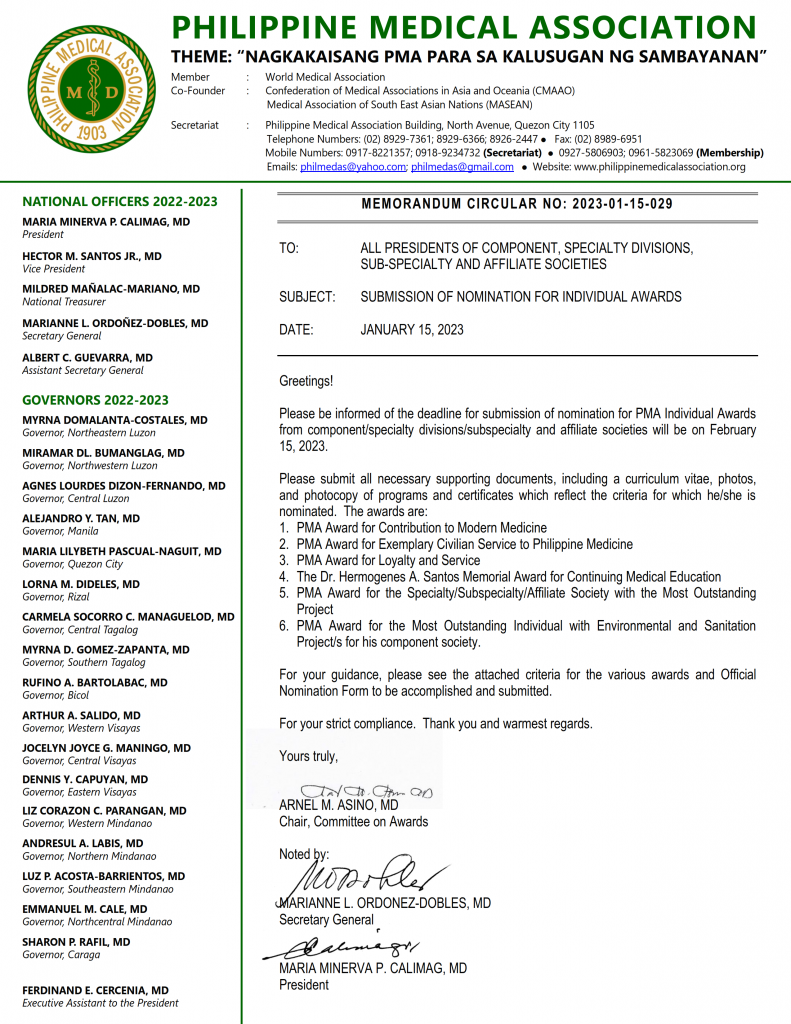 Memorandum Circular No. 2023-1-15-29 : Submission of Nomination for Individual Awards ...