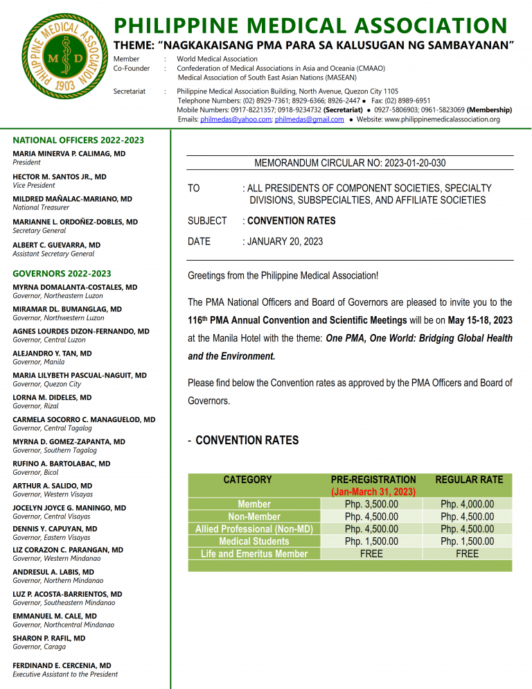 Memorandum Circular No. 2023-01-20-030 : PMA Annual Convention Rates ...