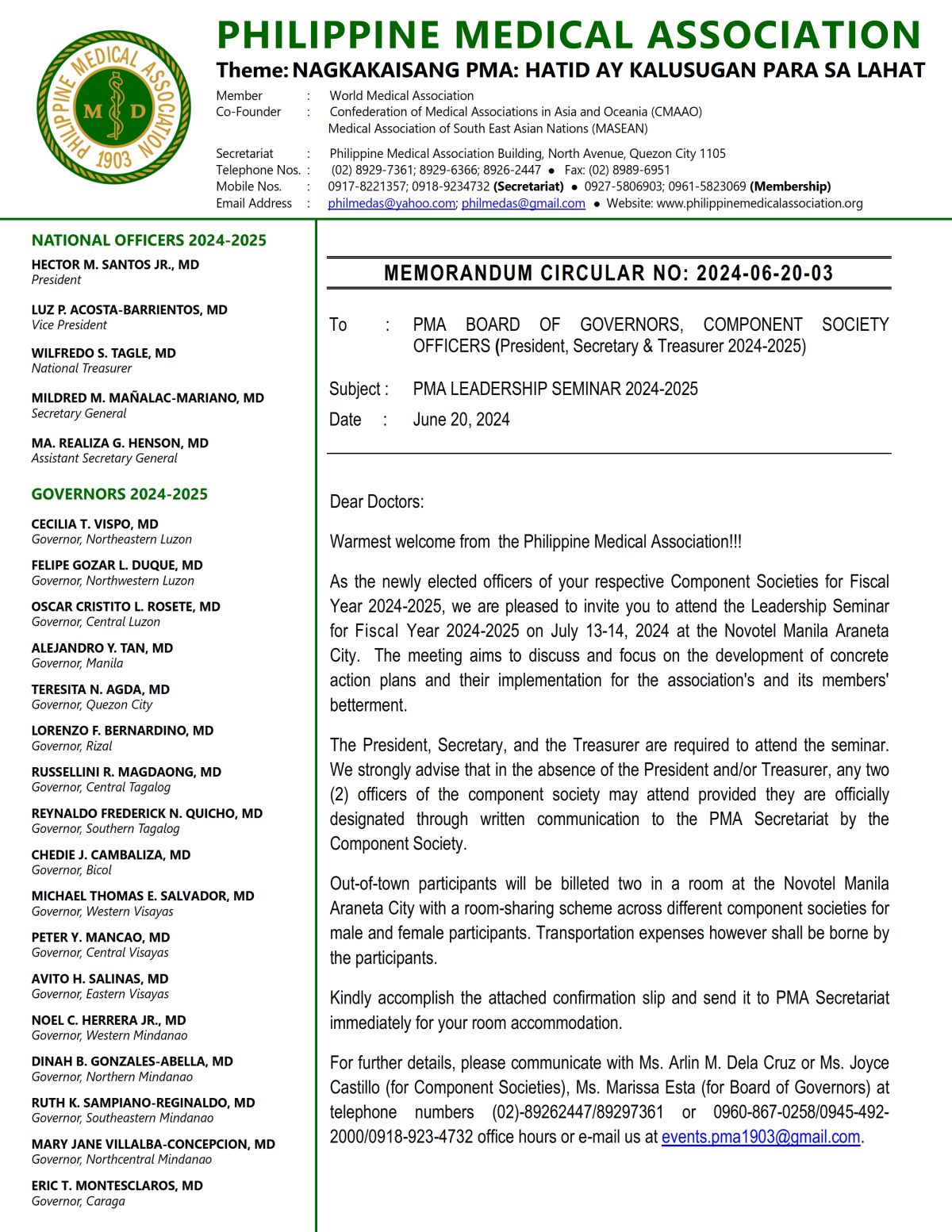 Memorandum Circular No.: 2024-06-20-03 : PMA Leadership Seminar 2024-2025 – Philippine Medical ...